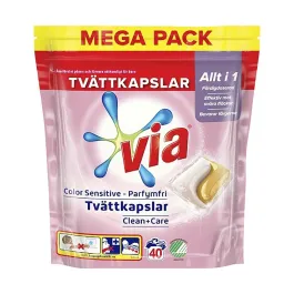 Via Color Sensitive Tvättkapslar Clean & Care - 40 st